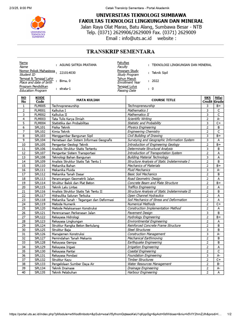 Transkrip Sementara Agung Satria Pratama | PDF | Mechanical Engineering | Civil Engineering