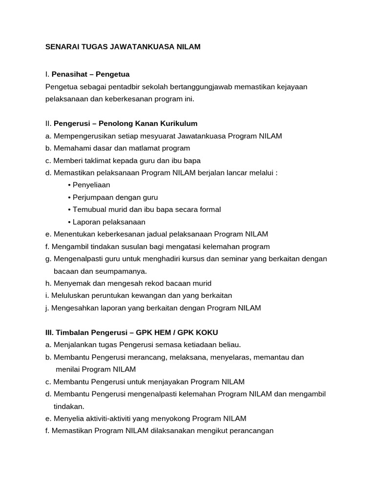 Senarai Tugas Jawatankuasa Nilam | PDF