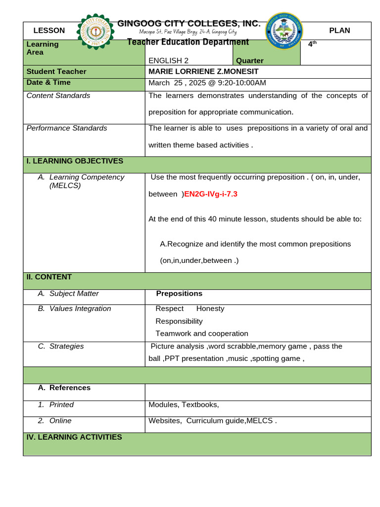 Content Standards: Lesson Plan Learning Area Quarter 4 | PDF | Learning