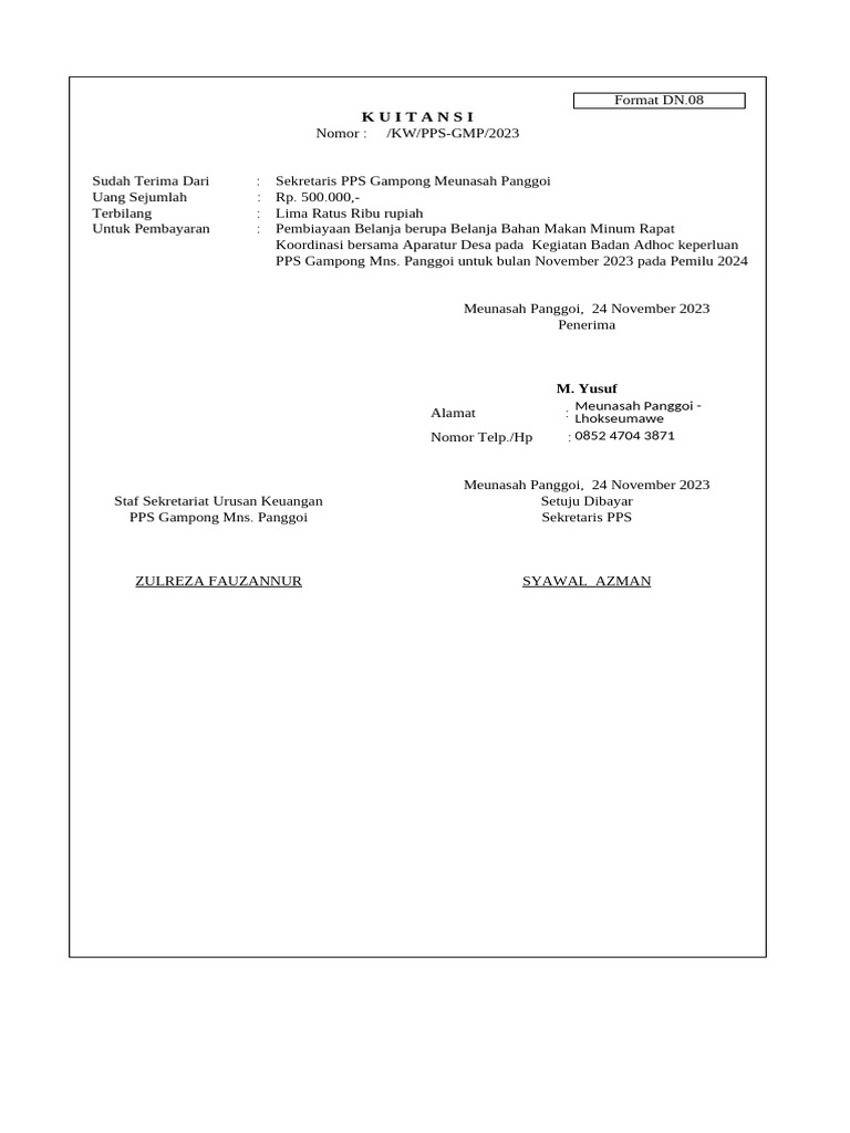 Kwitansi Pembayaran PPS Gampong | PDF