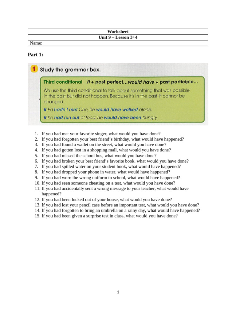 Worksheet - Unit 9 - Lesson 3 + 4 | PDF