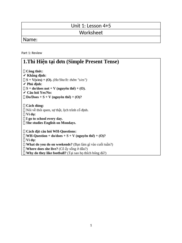 WorksheetUnit 1 - Lesson 4+5 - Worksheet | PDF