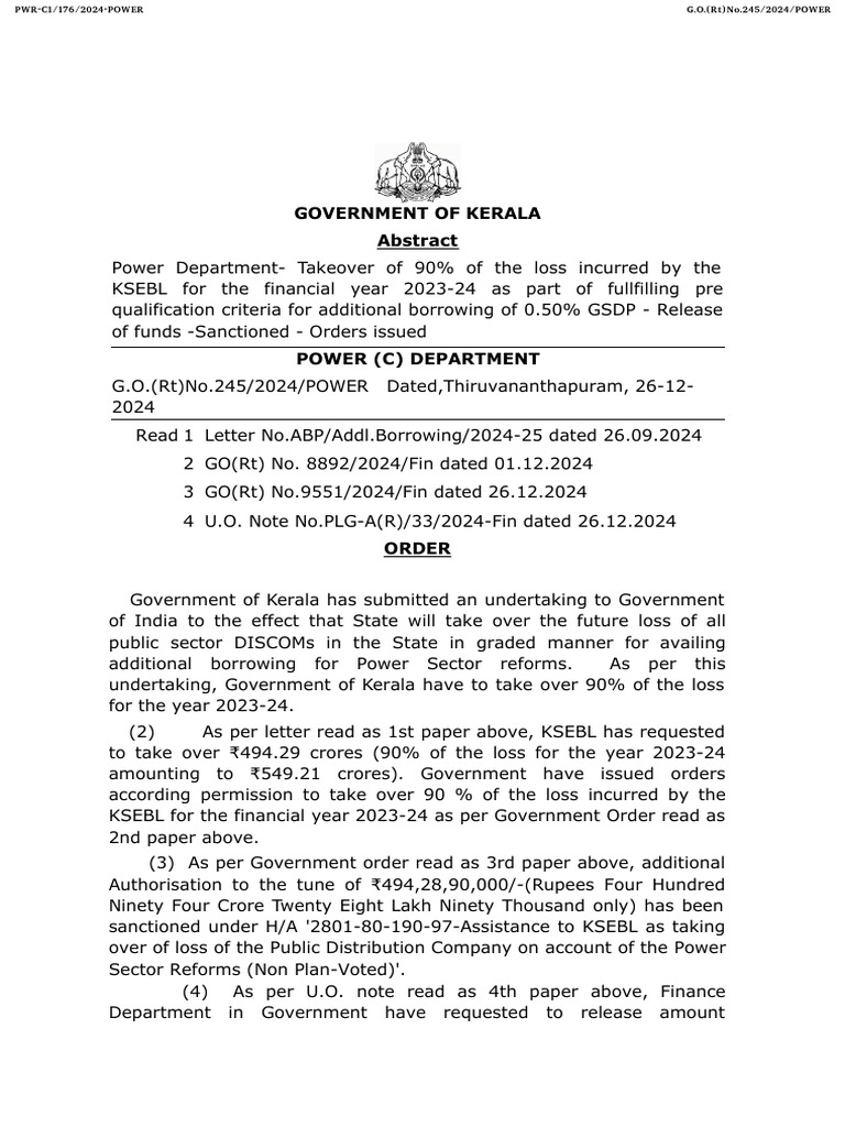 KSEBL loss take over GO of Power Dept. Dtd 26.12.2024 | PDF