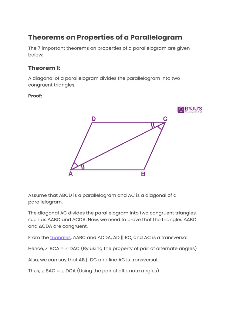 Theorems on Properties of a Parallelogram | PDF | Euclidean Plane ...