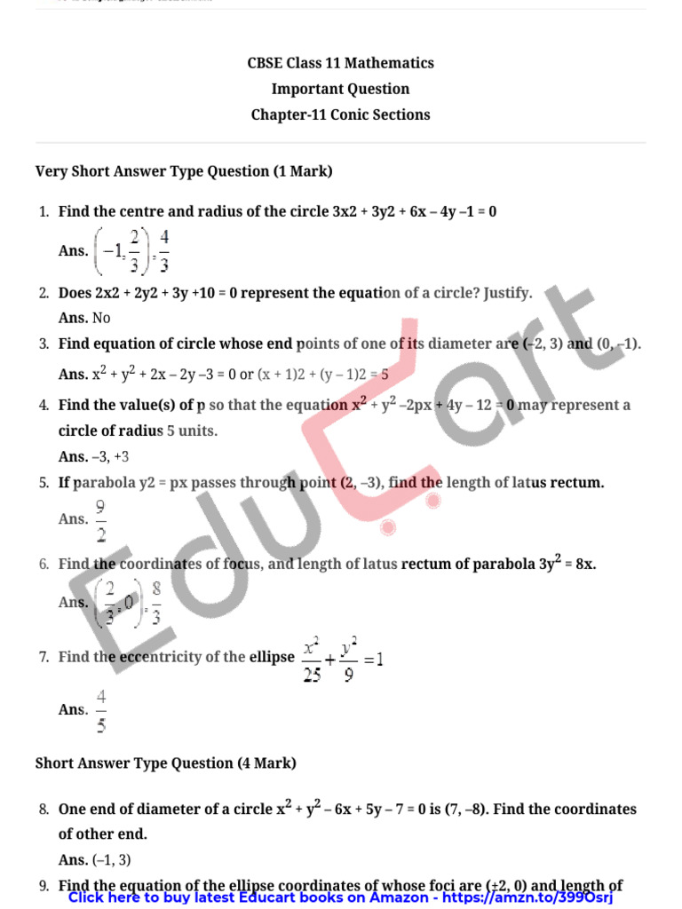 Short Answer Type (Conic Sections) | PDF | Circle | Ellipse