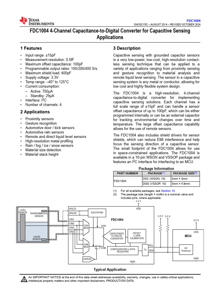 FDC1004 4-Channel Capacitance-to-Digital Converter for Capacitive ...