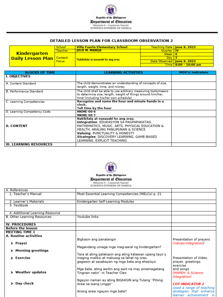 Cot 2 DLP Kindergarten Sy 2022-2023 | PDF