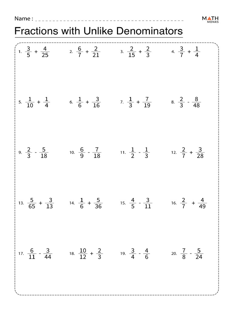 Fractions With Unlike Denominators Worksheets | PDF