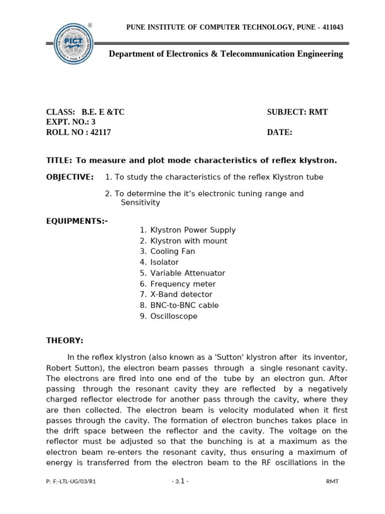 Exp3 Reflex Klystron | PDF | Electronics | Electrical Engineering