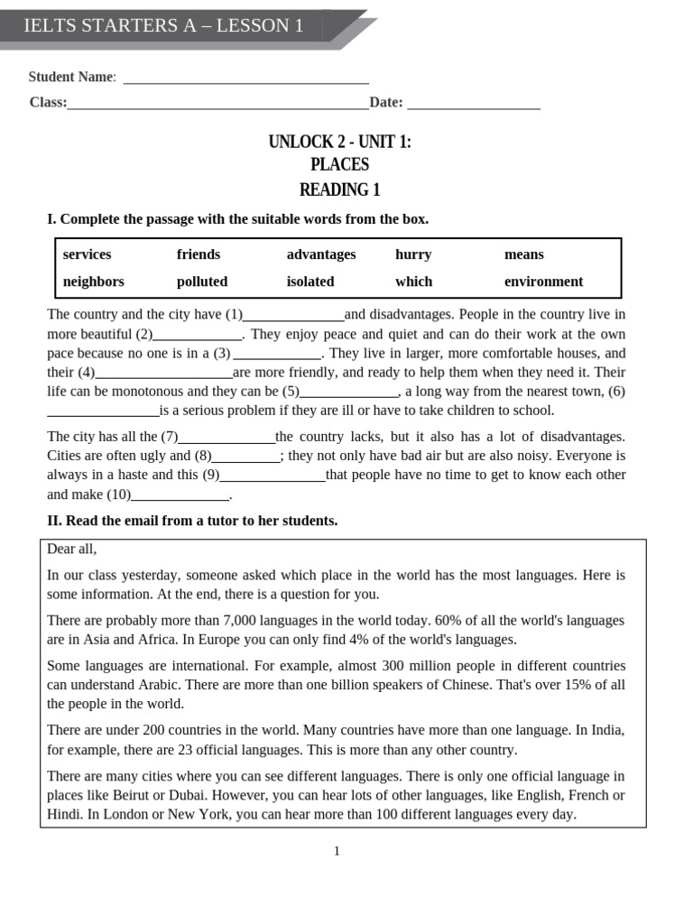 WS - Unlock 2 - U1 - Lesson 1 Reading 1 | PDF | Communication | Languages