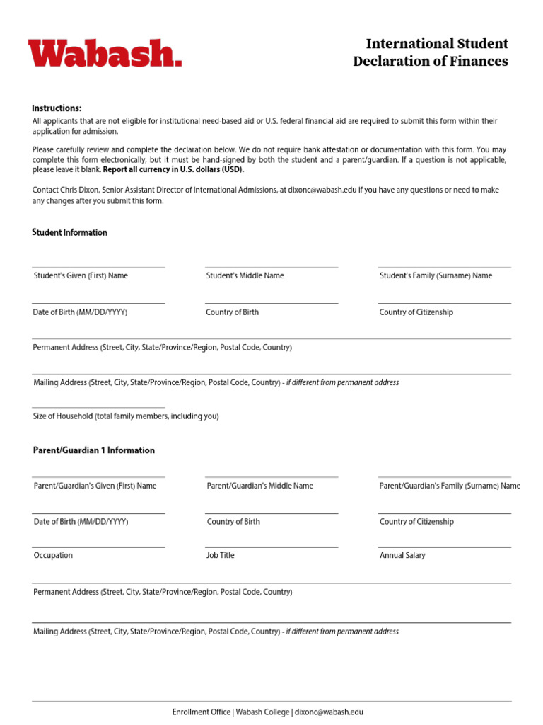 Wabash International Student Declaration of Finances | PDF | Student Financial Aid In The United ...