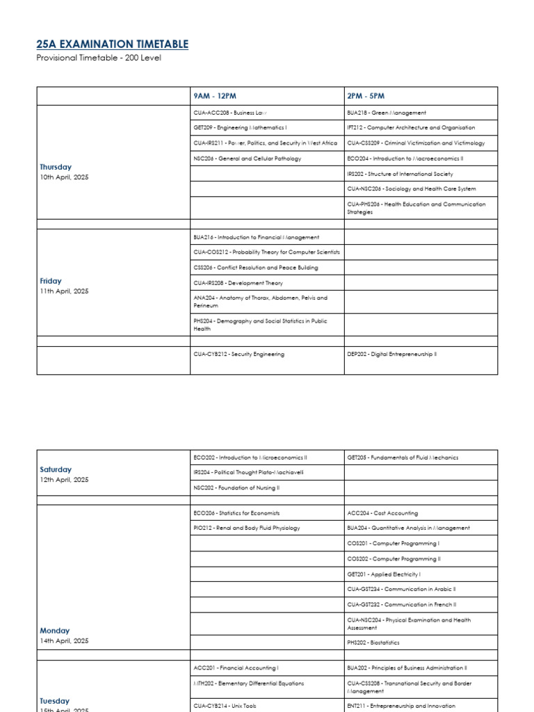 25A Examination Schedule - 200 Level Courses Only | PDF | Statistics ...