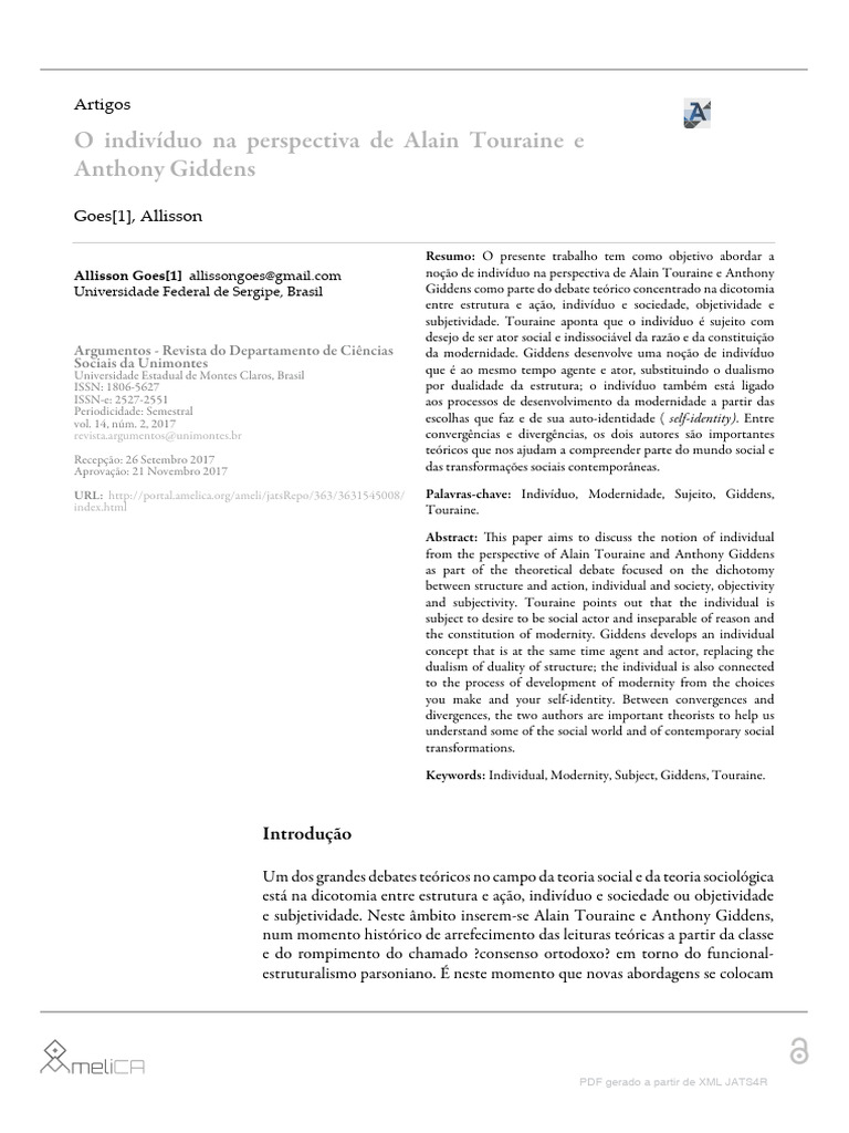 O Indivíduo Na Perspectiva de Alain Touraine e Anthony Giddens | PDF | Sociologia | Modernidade
