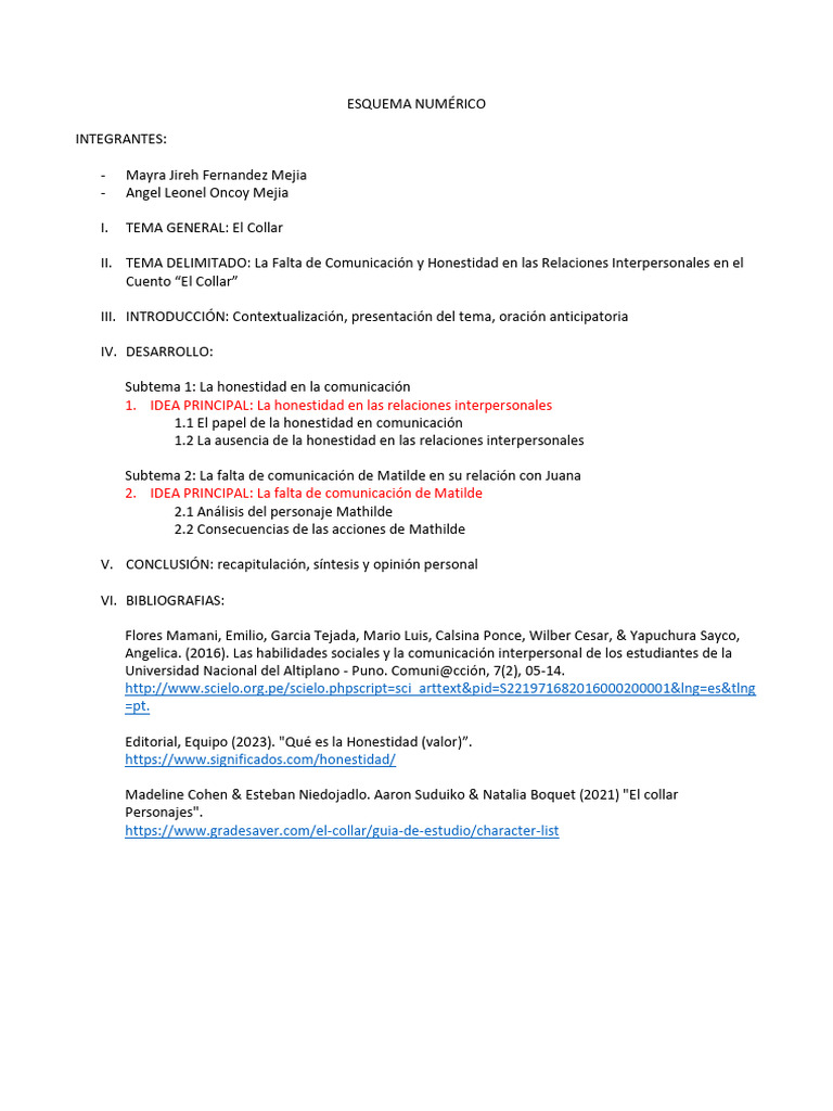 Esquema Numérico El Collar | PDF