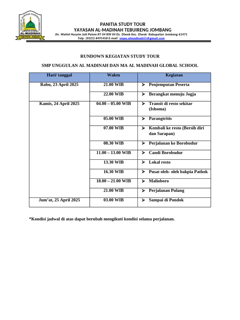 Rundown Study Tour Al-Madinah Jombang | PDF