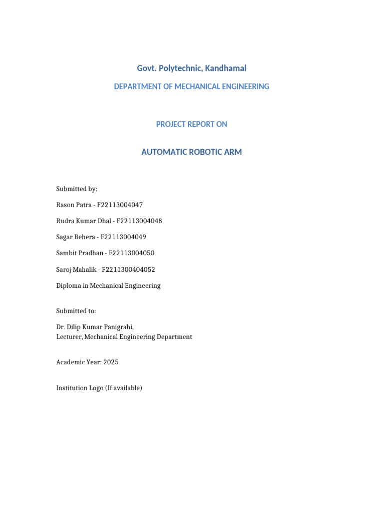 Automatic Robotic Arm Project Report | PDF | Robotics | Automation