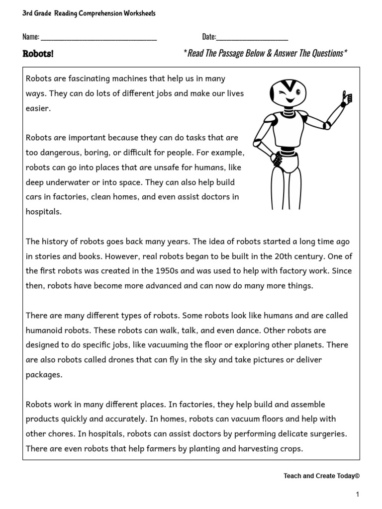 Robots Fun Topics 3rd Grade Reading Comprehension Worksheets | PDF | Reading Comprehension