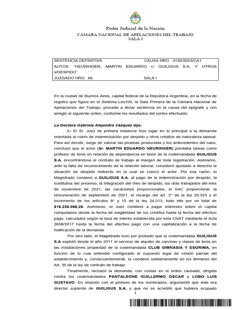 Fallo 1 | PDF | Apelación | Derecho laboral