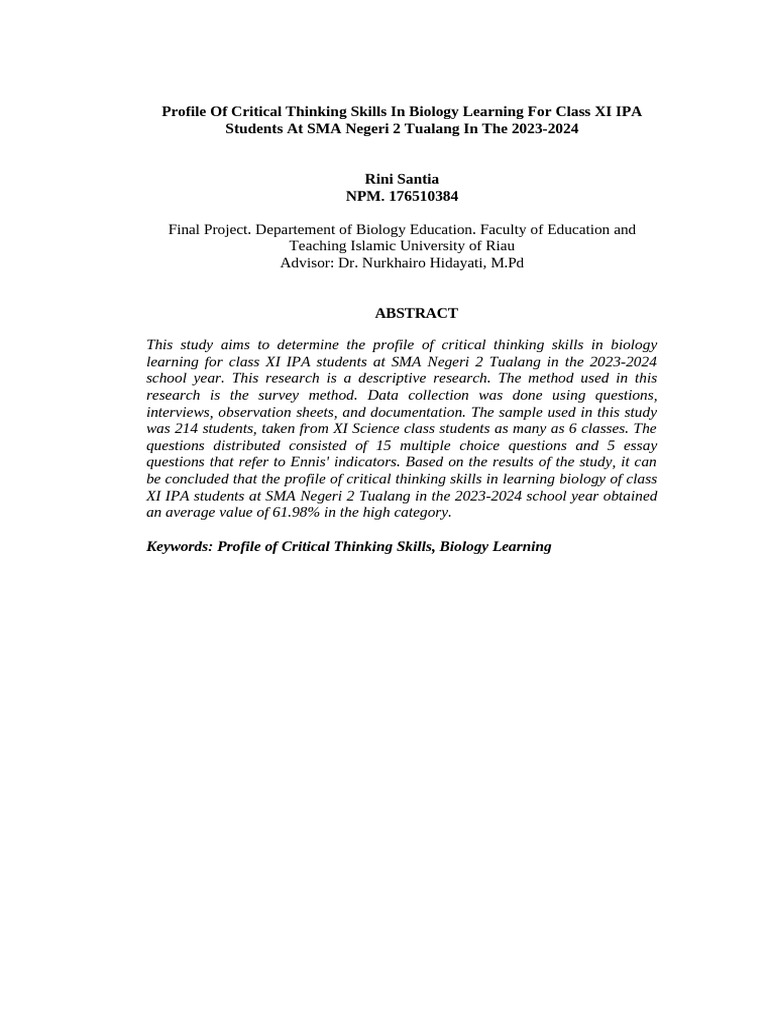 Critical Thinking in Biology Class XI | PDF