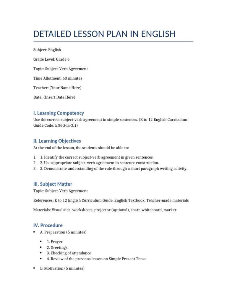 Subject-Verb Agreement Lesson Plan | PDF | Verb | Grammatical Number