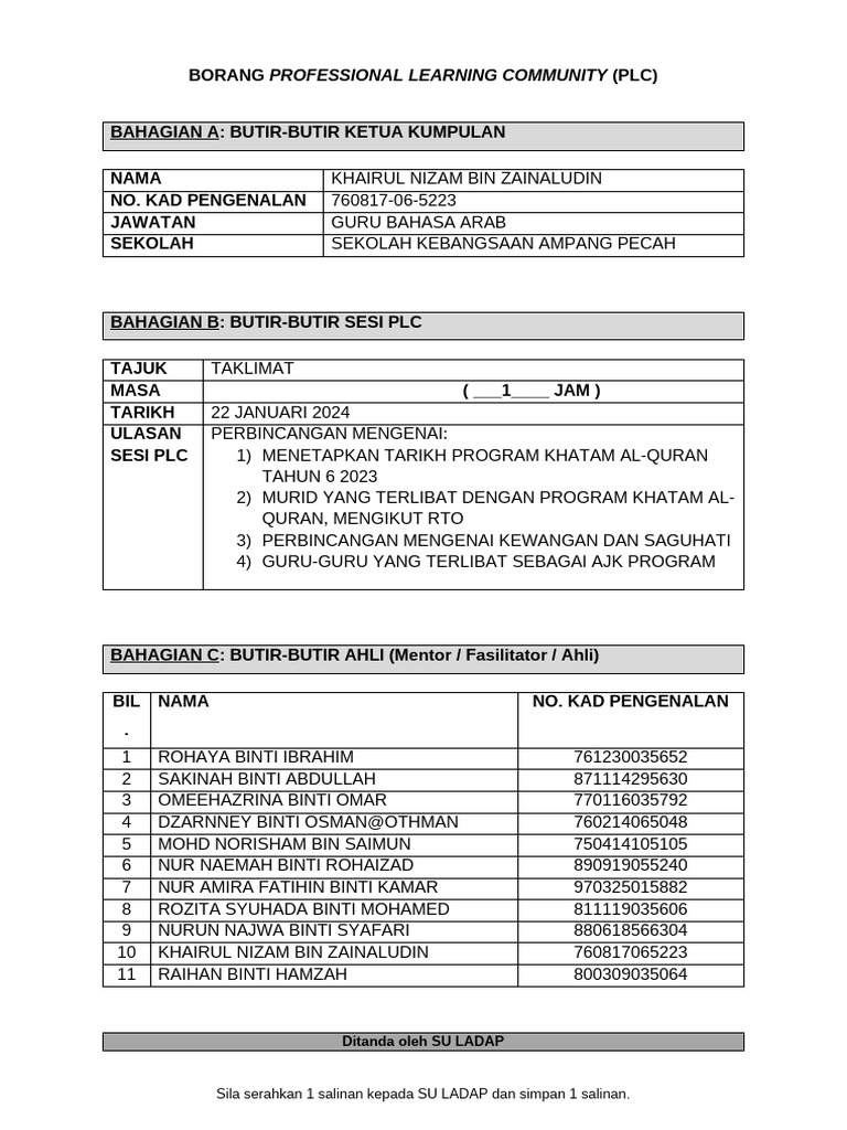 Borang PLC PROGRAM KHATAM AL QURAN | PDF