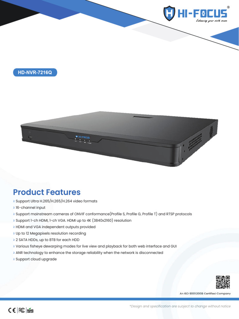 Hi Focus HD NVR 7216q Network Video Recorder | PDF | Hdmi | Hard Disk Drive