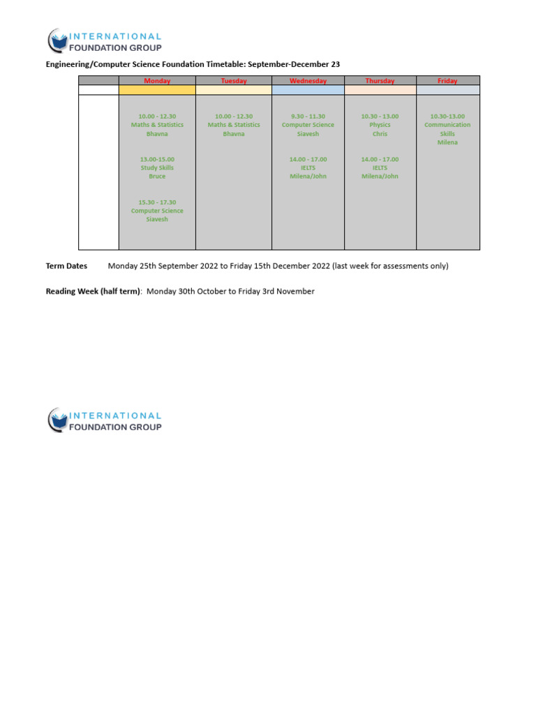 Engineering and Computer Science Timetable September 2023 | PDF