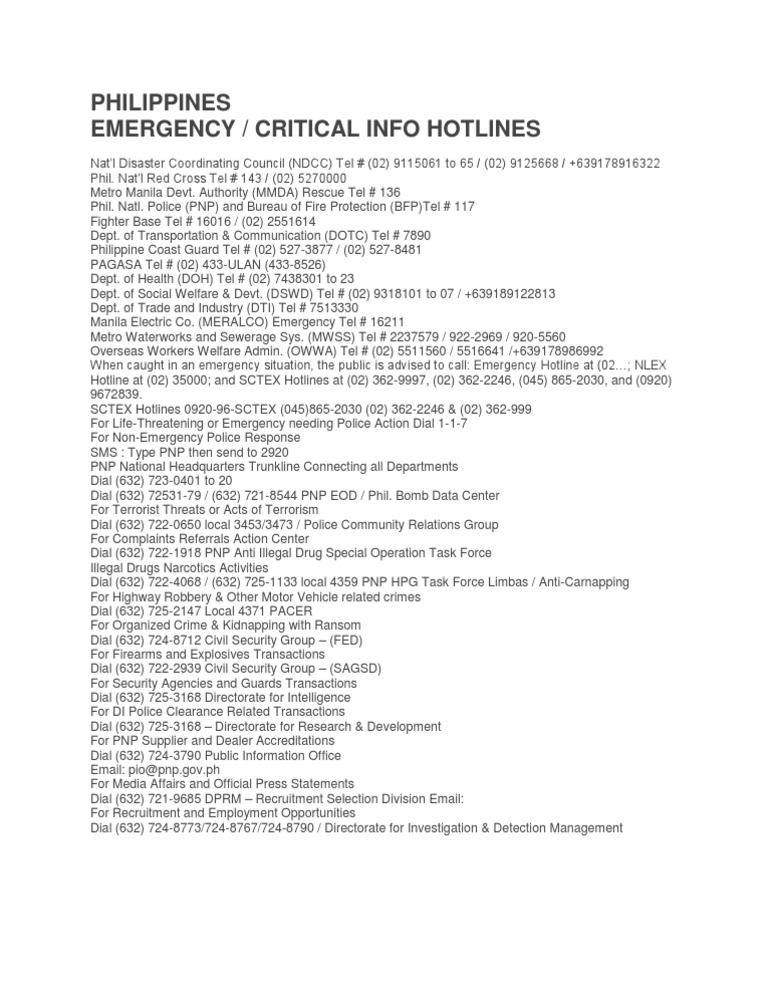 Philippine Emergency Contact Numbers | PDF
