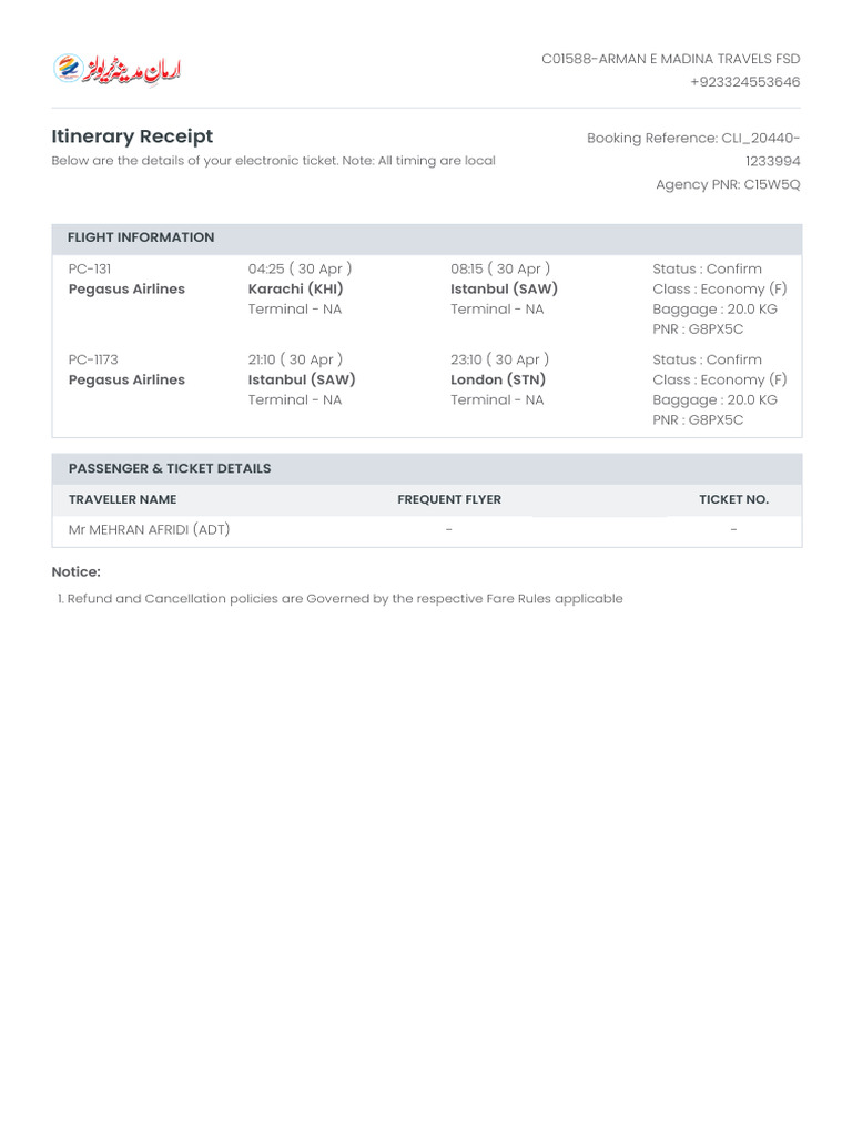 Flight Itinerary for Mehran Afridi | PDF