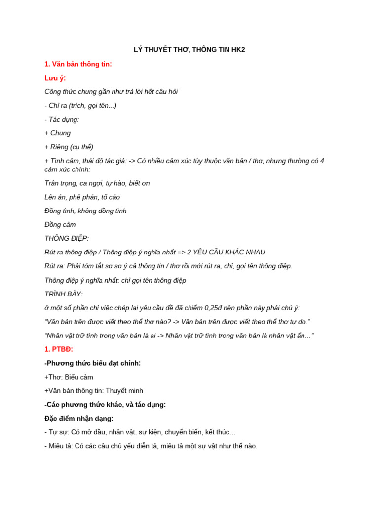 LÝ THUYẾT THƠ, THÔNG TIN - HK2 | PDF