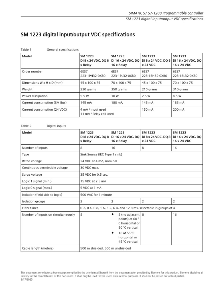 SM 1223 Wiring and Specifications Guide | PDF | Alternating Current | Relay