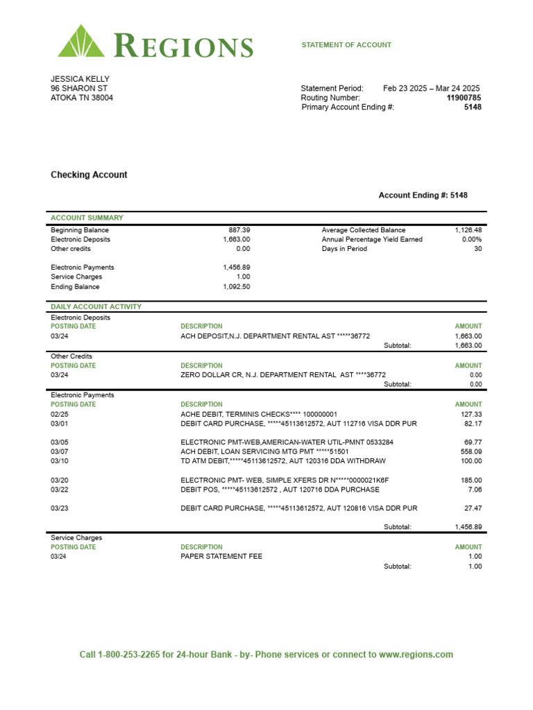 Regions-Bank-Statement-TemplateLab.com_ (1) | PDF | Debit Card | Credit ...