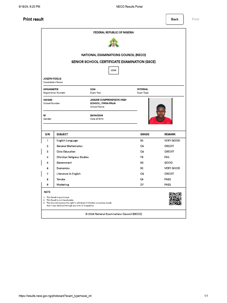 Joseph Fidelis Neco Results Portal | PDF