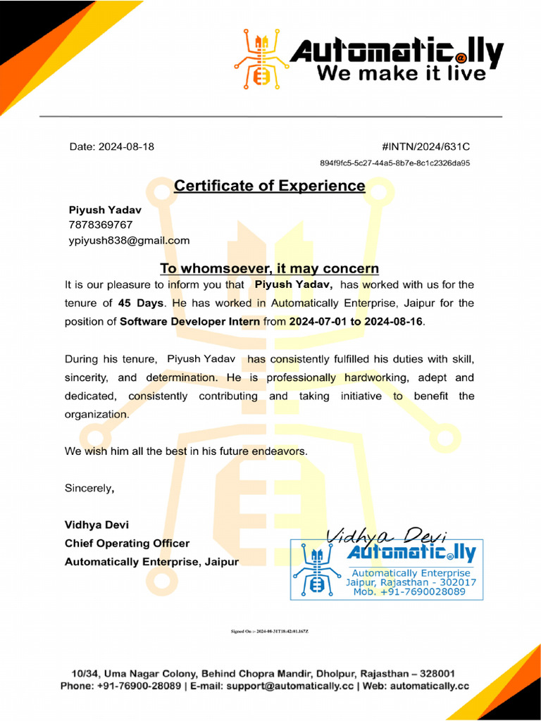 ITR Certificate Piyush | PDF