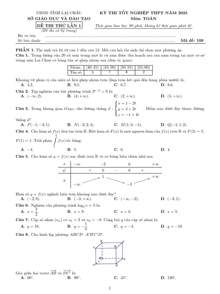 De Thi Thu Tot Nghiep THPT 2025 Mon Toan Lan 1 So GDDT Lai Chau | PDF