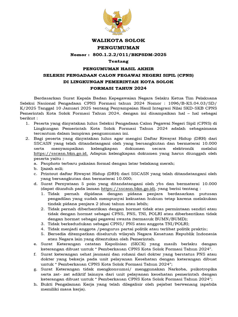 Pengumuman Hasil Akhir Cpns Kota Solok 2024 | PDF