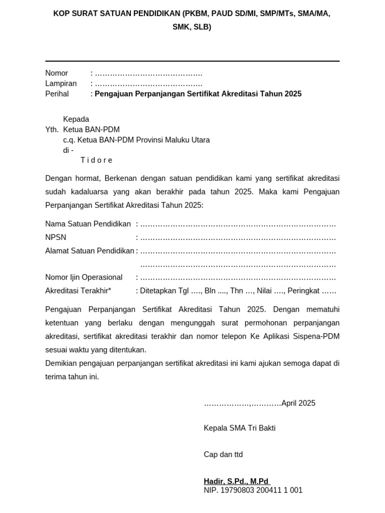 Format 2.1.1 SURAT PERMOHONAN PENGAJUAN PERPANJANGAN SERTIFKAT ...