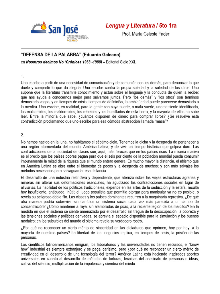 DEFENSA DE LA PALABRA Por Eduardo Galeano | PDF | America latina | Pobreza