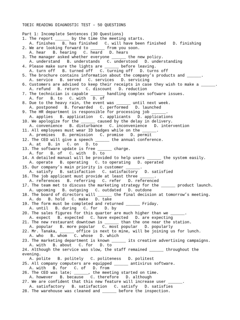 TOEIC Reading Diagnostic Test: 50 Questions | PDF