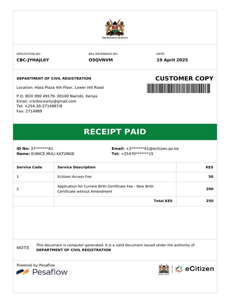Birth Certificate Application Receipt | PDF | Government And Personhood