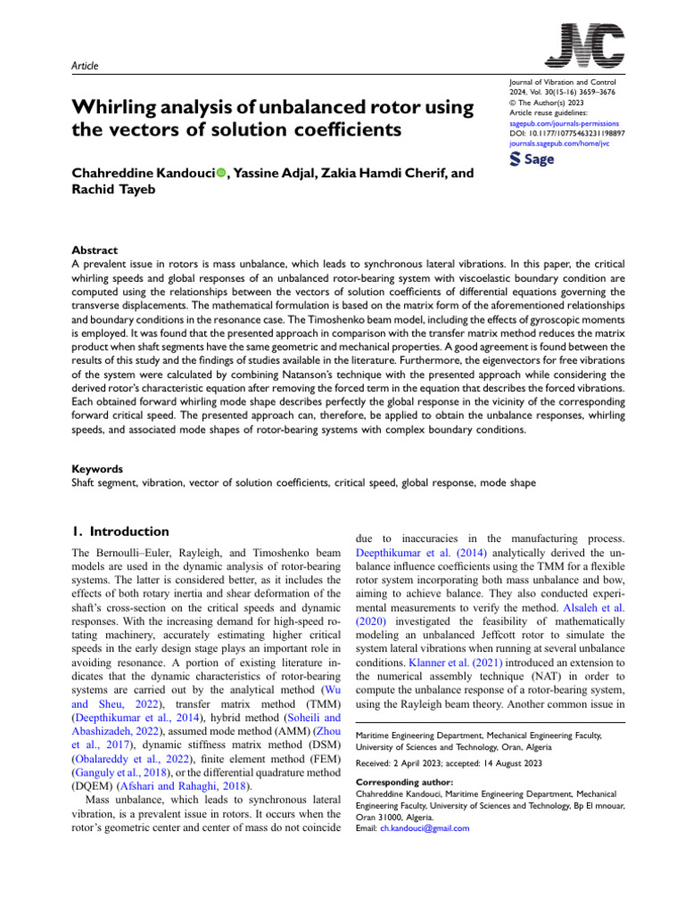 Whirling Analysis of Unbalanced Rotor Using The Ve | PDF | Beam ...