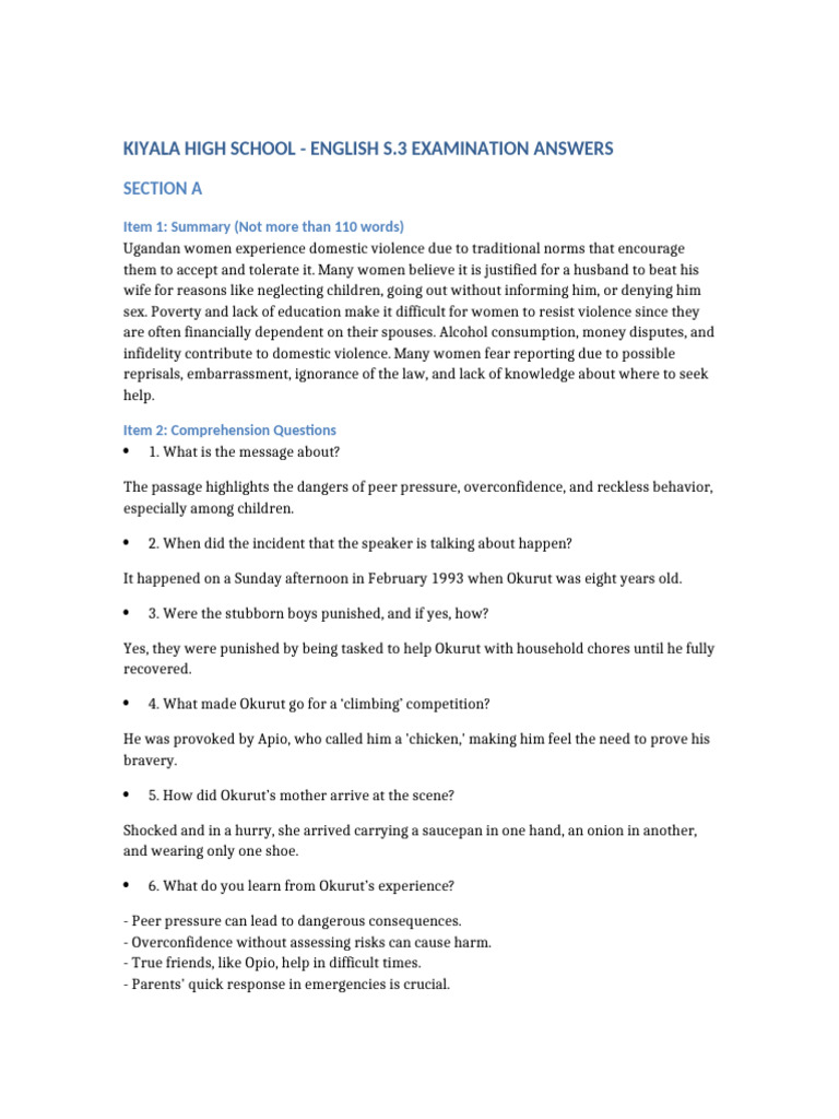 Kiyala High School English S3 Answers | PDF | Domestic Violence | Violence
