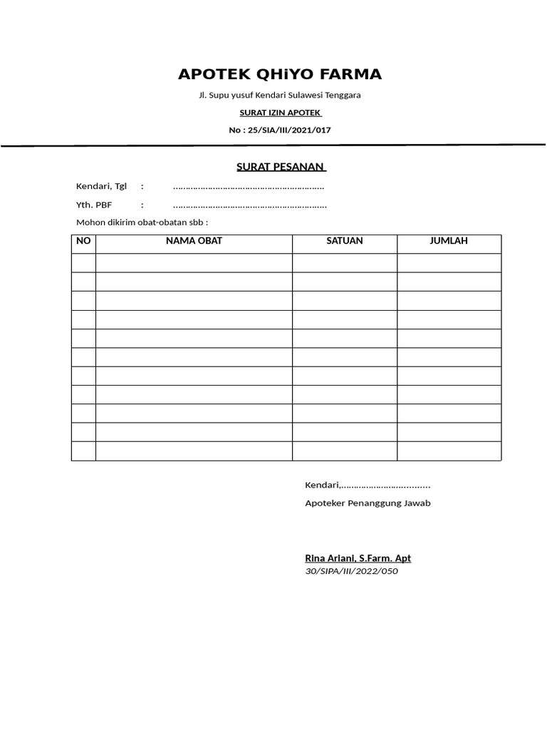 Surat Izin dan Pesanan Apotek QHiYO | PDF