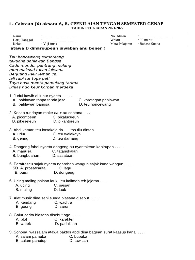 Soal UTS Bahasa Sunda Kelas 5 Semester 2 | PDF