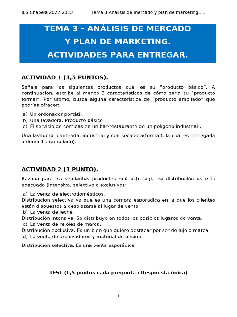 EIE Tema 3 Análisis de mercado y plan de marketing - Actividades para entregar ...