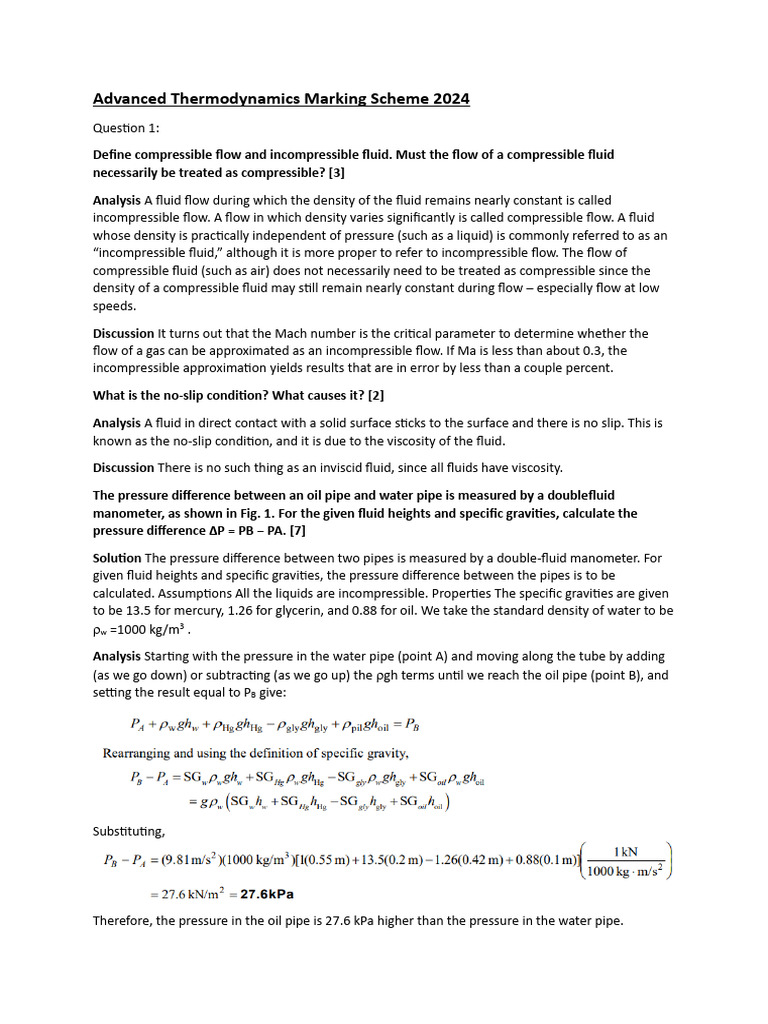 Advanced Thermo and Fluid Mech 2024 Exam Marking Scheme Final | PDF ...