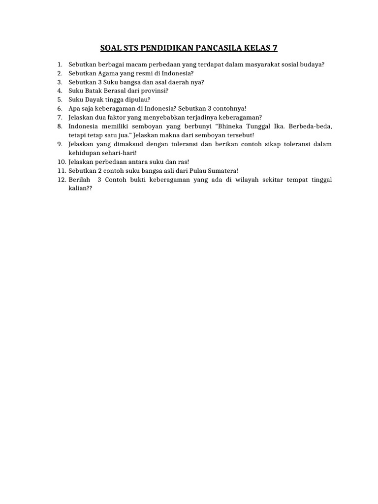 Soal STS Pendidikan Pancasila Dan PPKN Tahun 2023-2024 | PDF