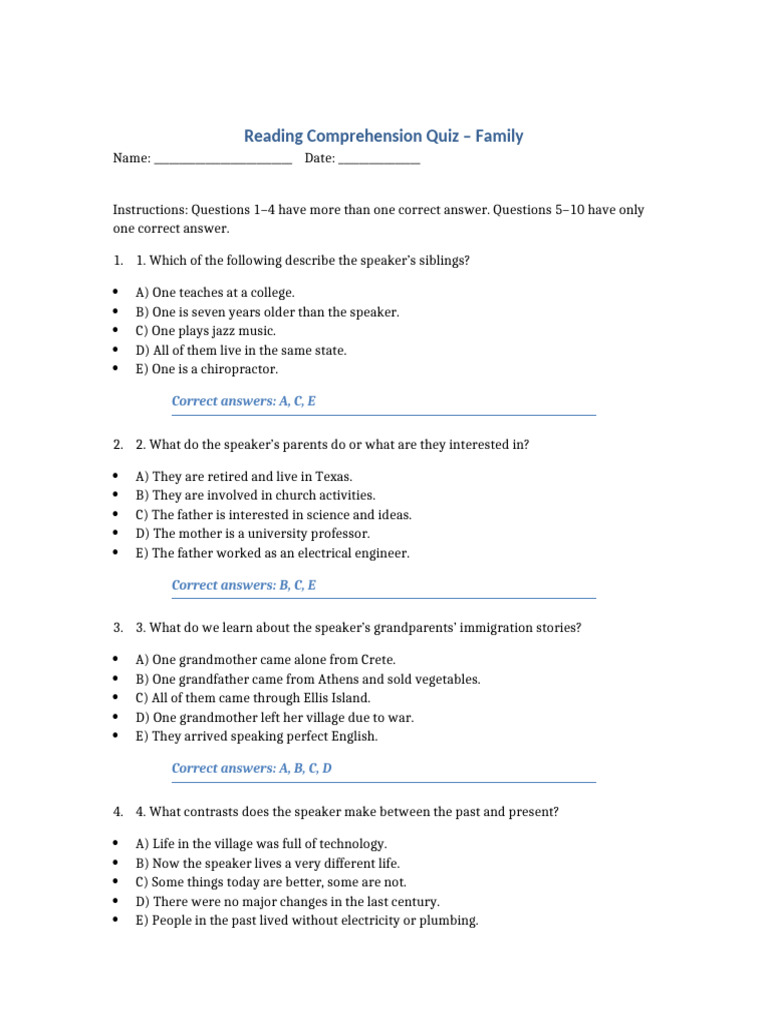 Reading Comprehension Family Quiz Varied | PDF | Grandparent