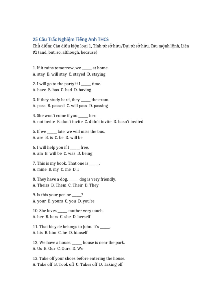 25 Cau Trac Nghiem Tieng Anh THCS | PDF