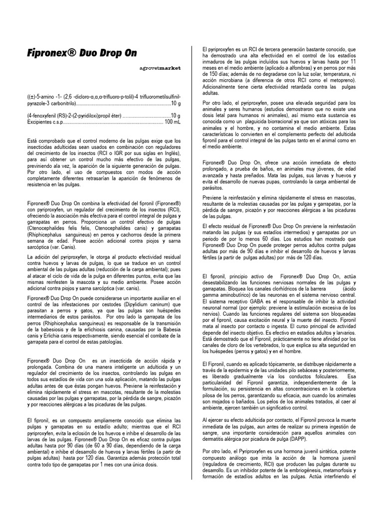 Fipronex® Duo Drop On: Composición: Fipronil | PDF | Perros | Neurona